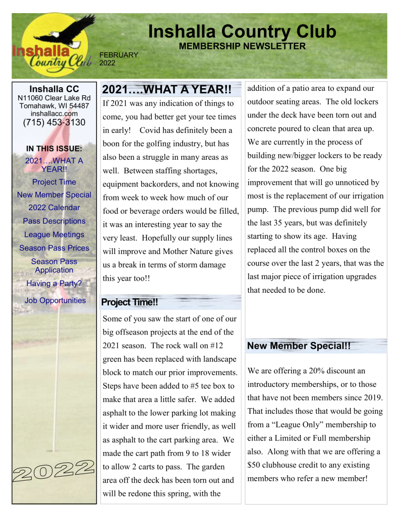 Newsletter - Inshalla Country Club